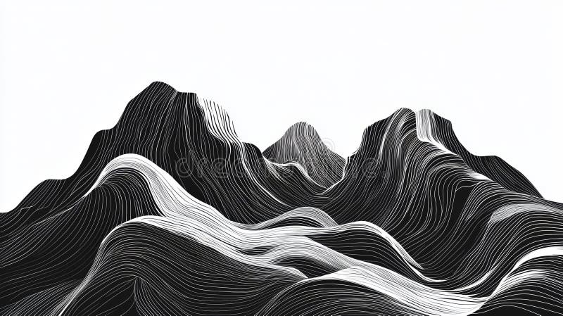 Stylized Black and White Mountain Landscape Featuring Flowing Lines and ...