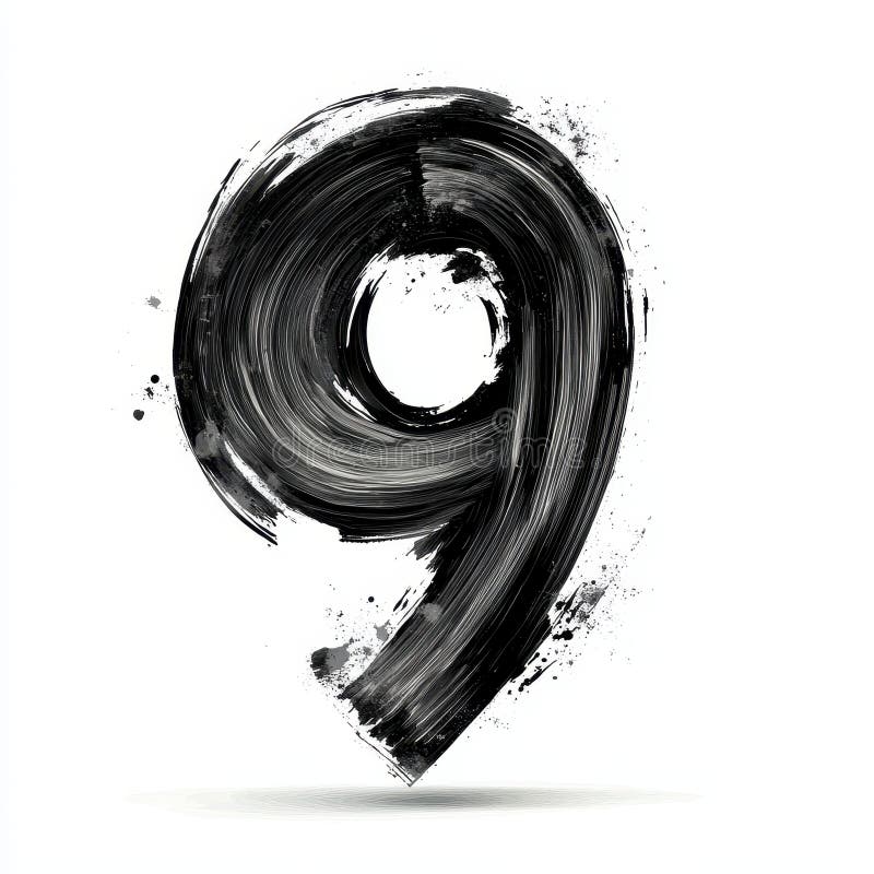 A Stylized Black and White Number 9 Painted with Brush Strokes Stock ...