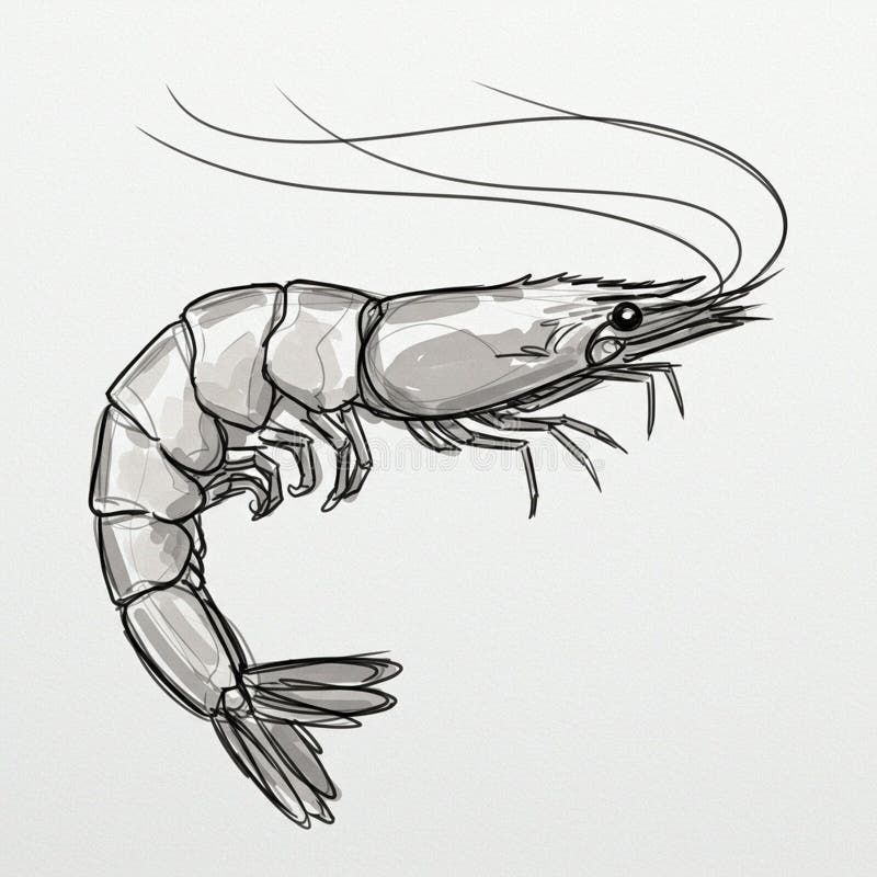 Stylized Black and White Sketch of a Shrimp, Featuring a Segmented Body ...