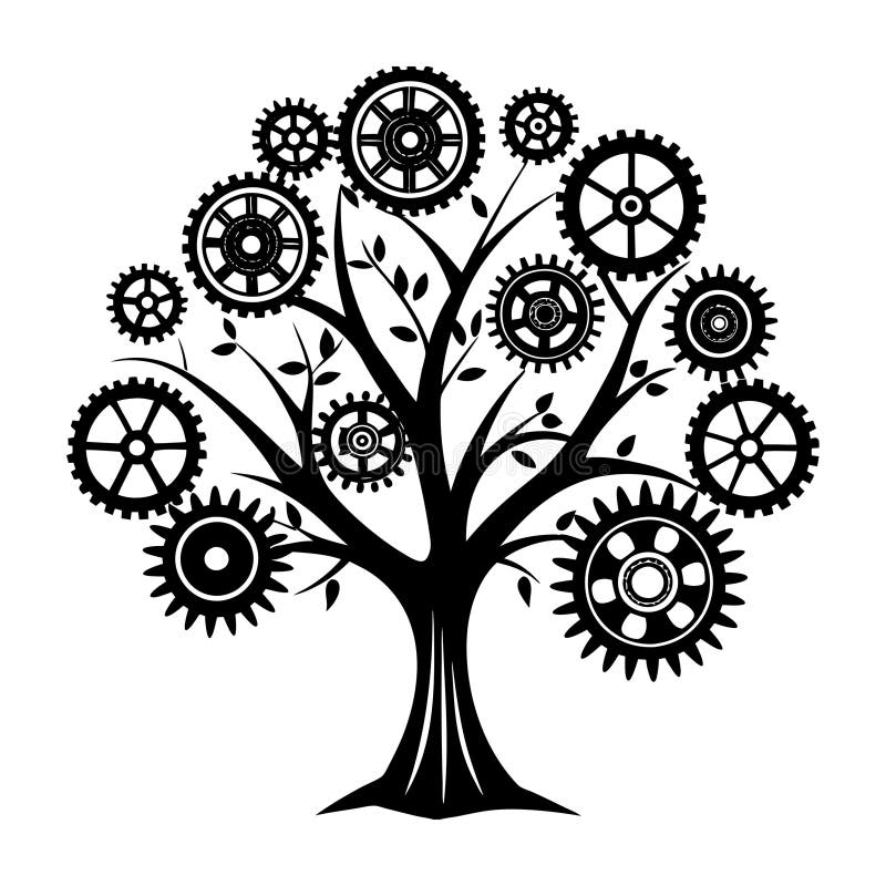 Abstract Gear Tree: Black and White Vector Illustration of Mechanical ...