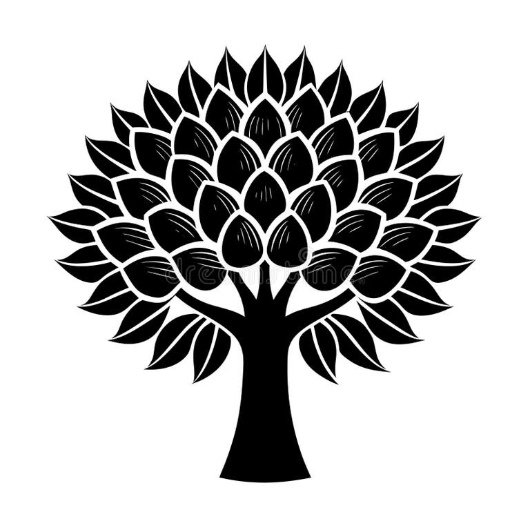 Black and White Graphic Tree Illustration with Leaf Pattern Stock ...