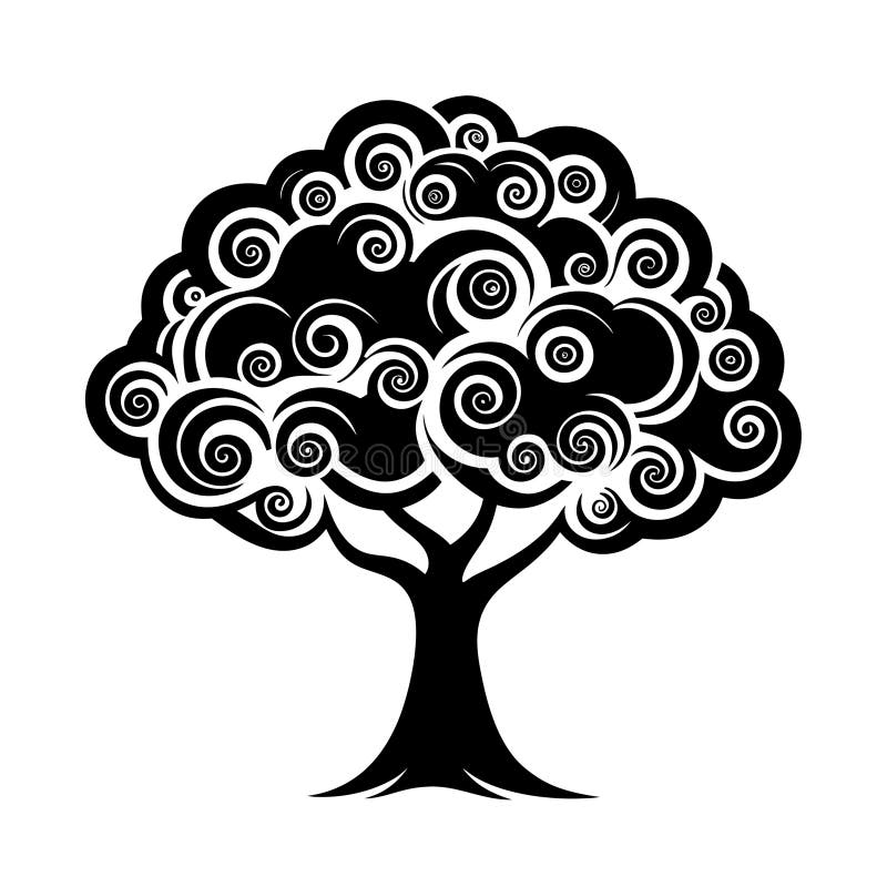 Black and White Stylized Tree Illustration with Circular Swirls for ...