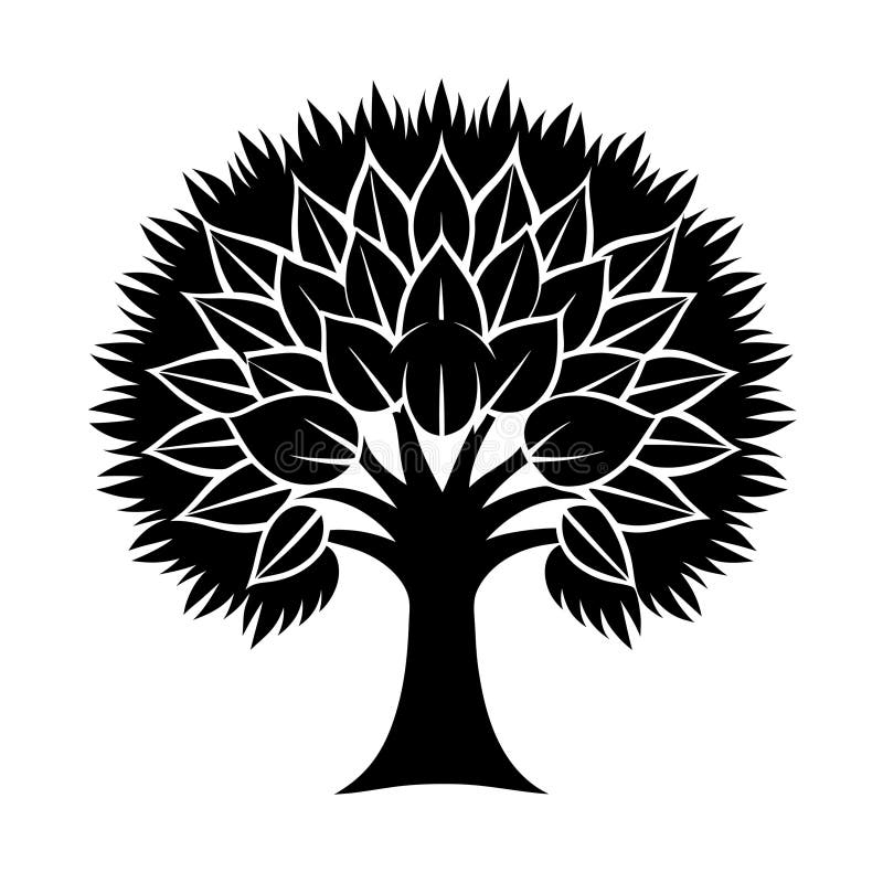 Stylized Black and White Tree Illustration with Leaf Pattern and Round ...