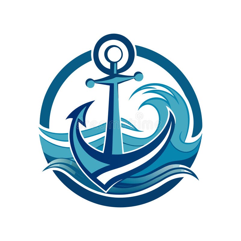 Nautical Anchor and Ocean Waves in Blue Circle Frame, Modern Vector ...
