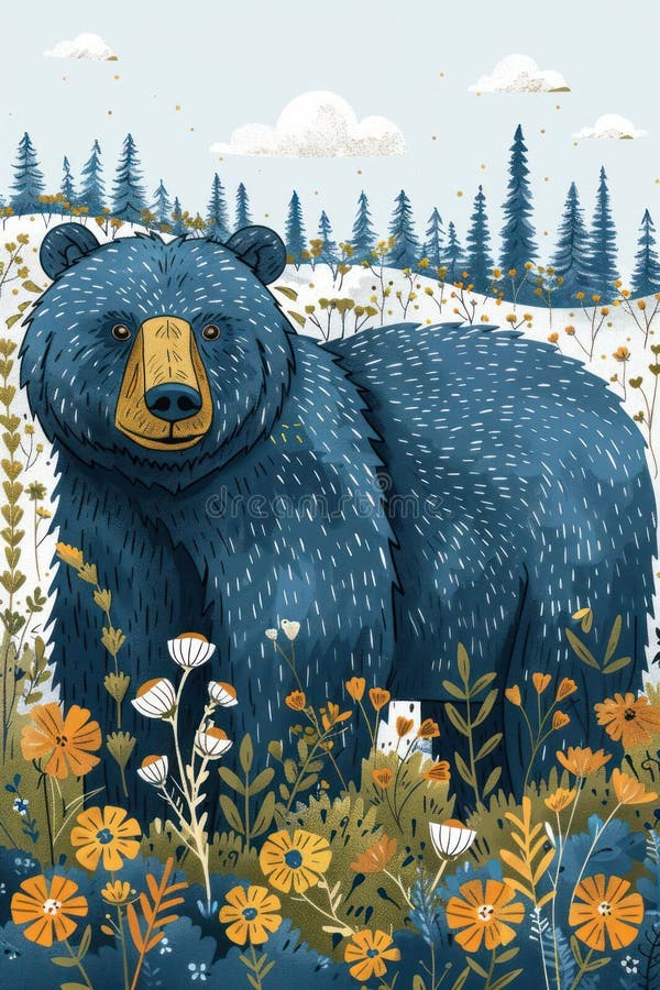 Charming Blue Bear in a Wildflower Meadow Stock Illustration ...