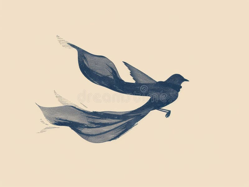 A Stylized Blue Bird in Flight with Long, Flowing Tail Feathers on a ...