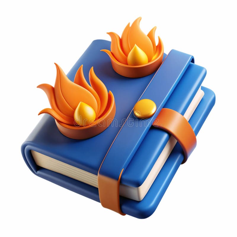 Stylized Blue Book with Brown Strap and Flame Like Elements Stock ...