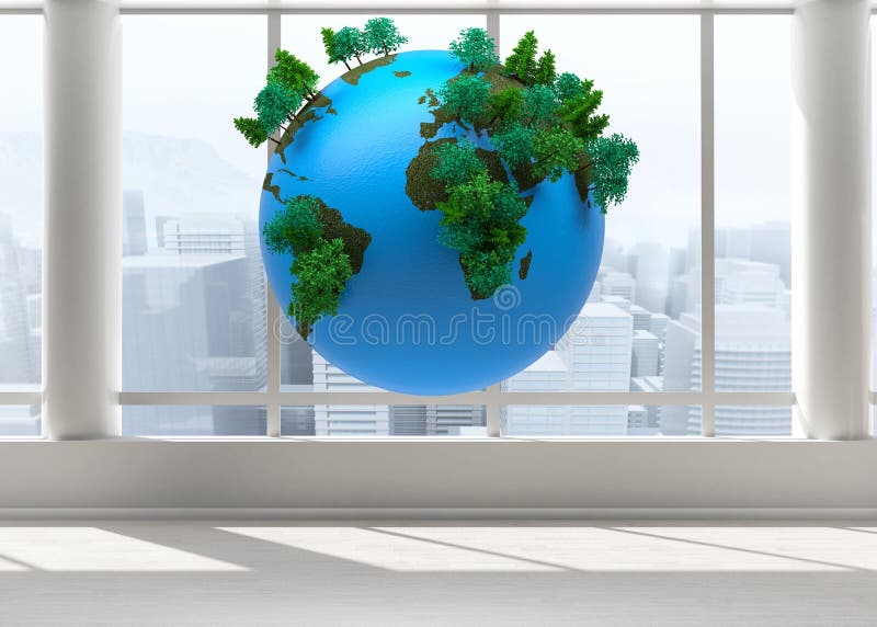 Stylized Blue 3D Earth Globe is Floating before Floor-to-ceiling ...
