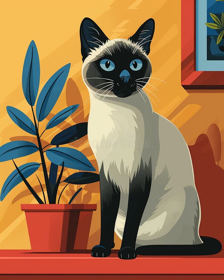 Stylized Blue-eyed Cat in a Chic Apartment, Flat Design, Contemporary ...