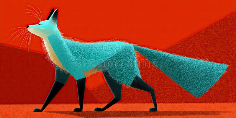 Stylized Blue Fox Walking Confidently on Vibrant Red Background Stock ...