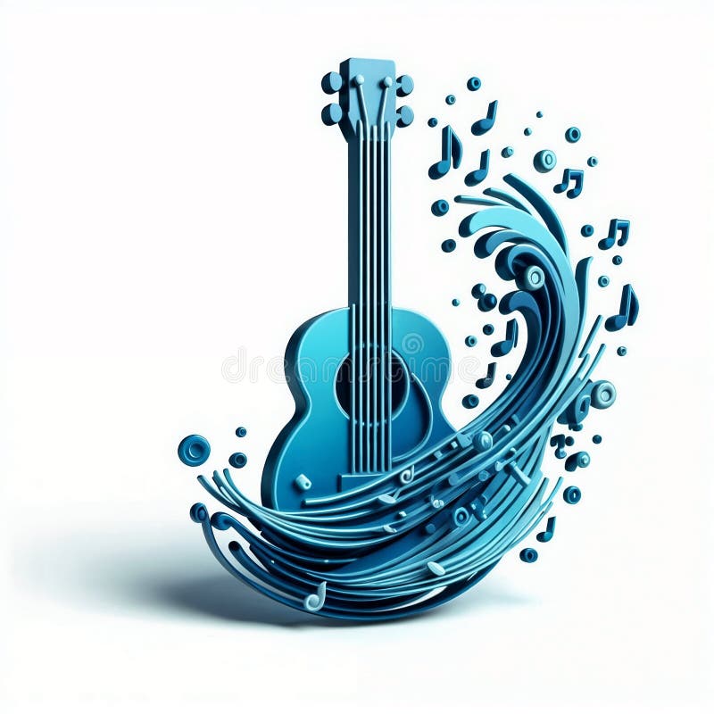 Stylized Blue Guitar with Flowing Waves and Musical Notes Stock ...