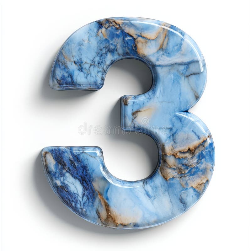 A Stylized Blue Marble Number Three, Showcasing a Smooth, Glossy Finish ...