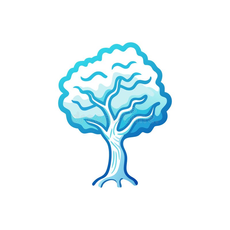 Stylized Blue Tree Illustration with Wavy Branches and Roots on White ...
