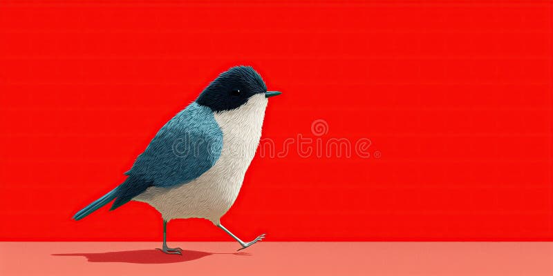 Stylized Blue and White Bird Walking Confidently on Red Background ...