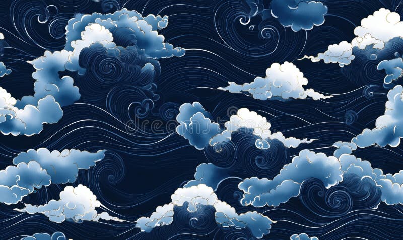 Stylized Blue and White Clouds with Swirling Patterns on Dark ...