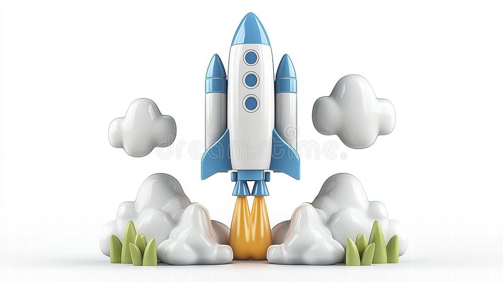Stylized Blue and White Rocket Launching from Clouds Stock Illustration ...