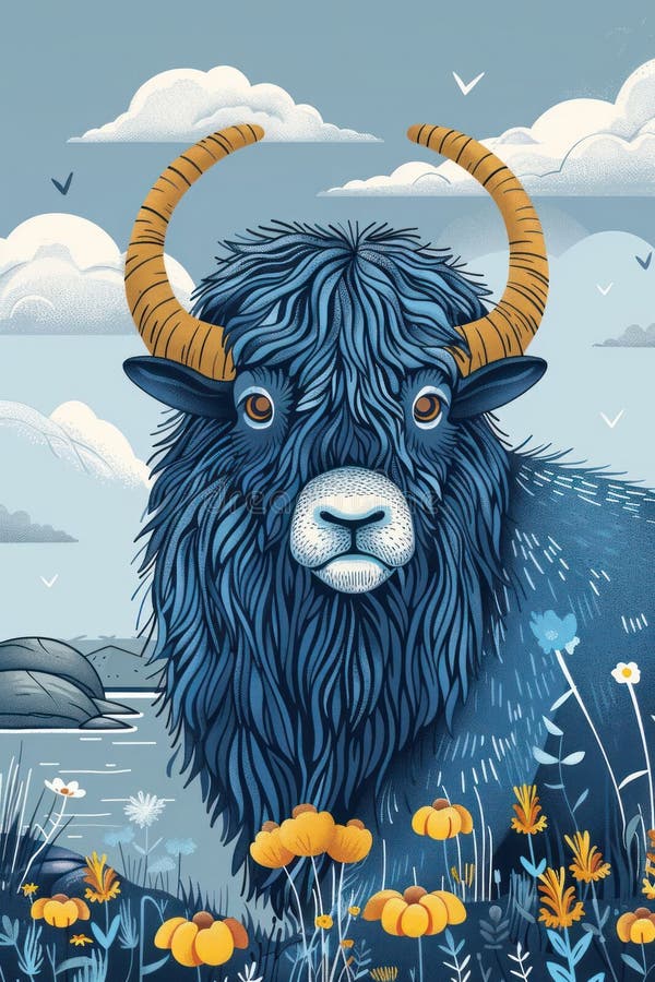 Majestic Blue Yak in Flower Meadow, Serene Landscape Stock Illustration ...