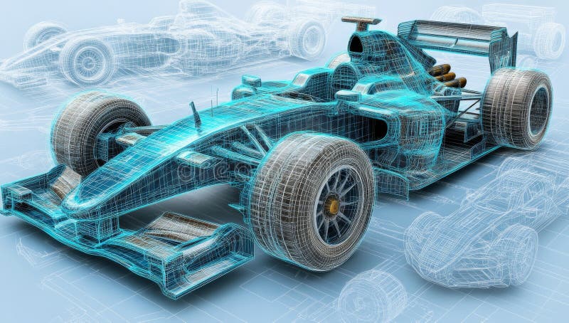 A Stylized Blueprint of a Race Car, Featuring Wireframe Details on a ...