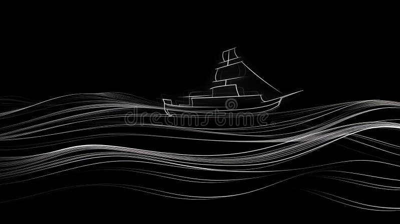 Stylized Boat Outline with Waves on a Dark Canvas Stock Illustration ...