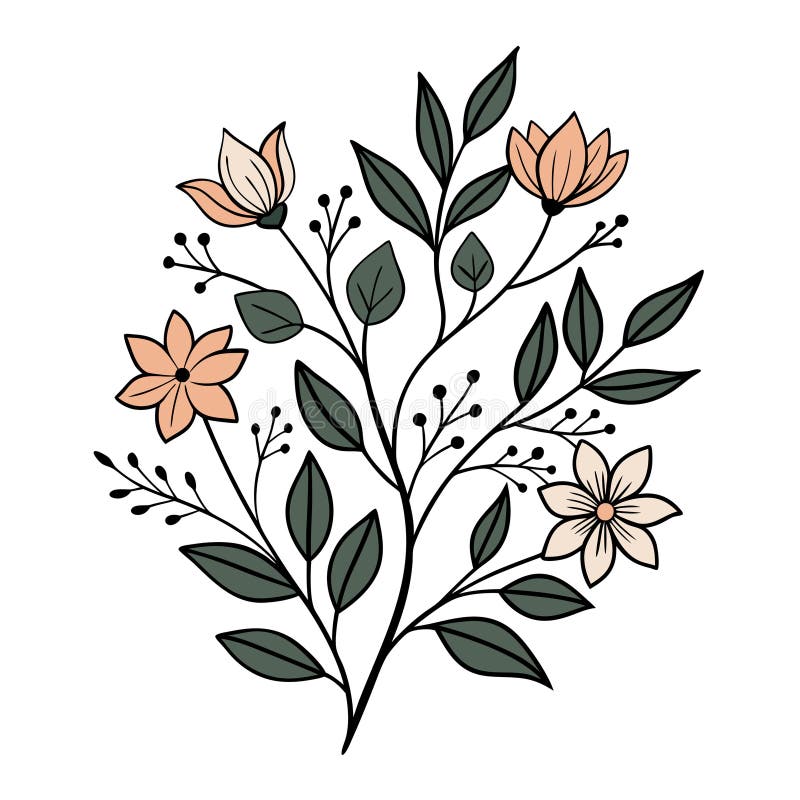 A Stylized Botanical Design Features a Sprig with Green Leaves and Pink ...