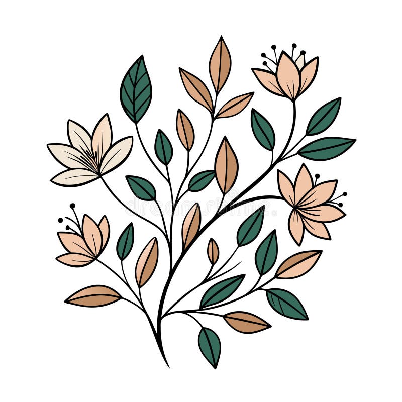 A Stylized Botanical Design Features a Sprig with Green Leaves and Pink ...