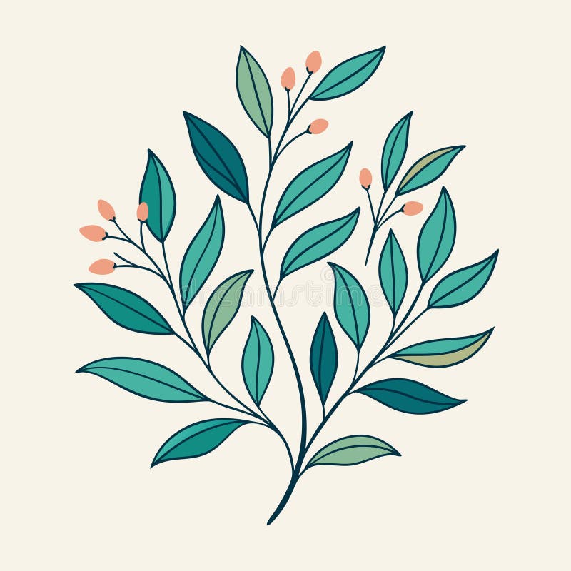 A Stylized Botanical Design Features a Sprig with Green Leaves and Pink ...