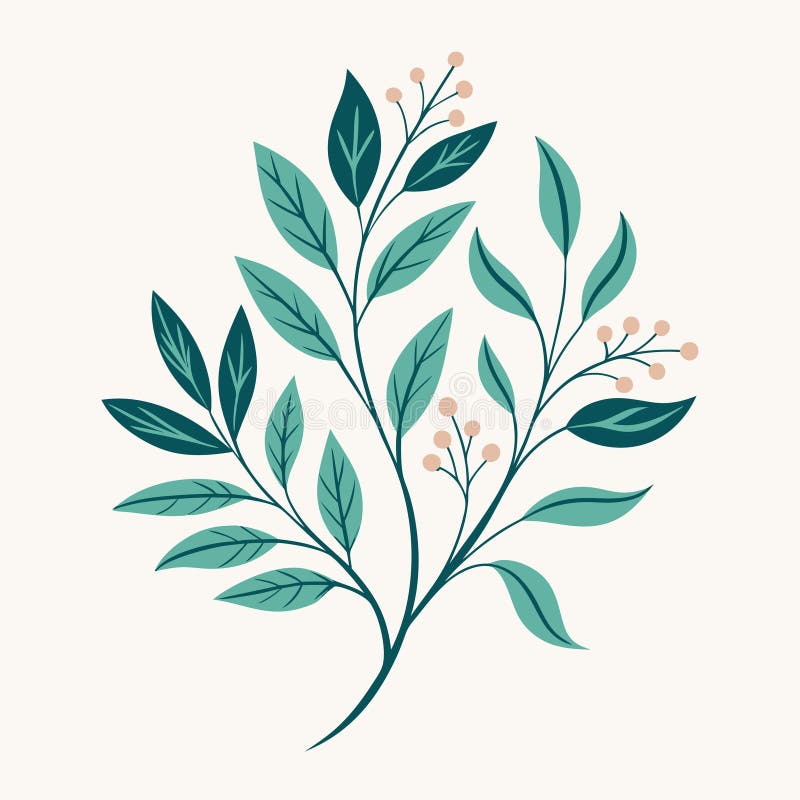 A Stylized Botanical Design Features a Sprig with Green Leaves and Pink ...