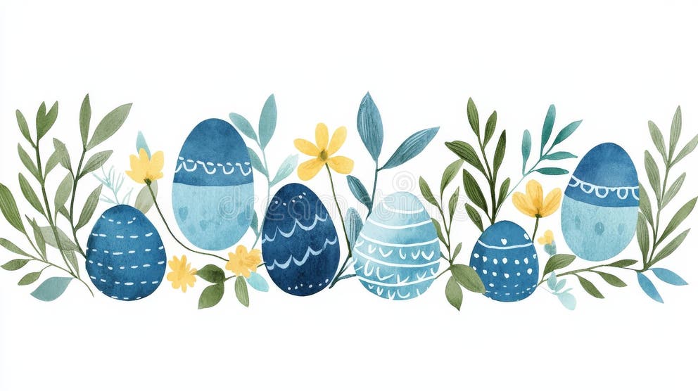 Stylized Botanical Pattern of Blue and White Leaves and Floral Elements ...