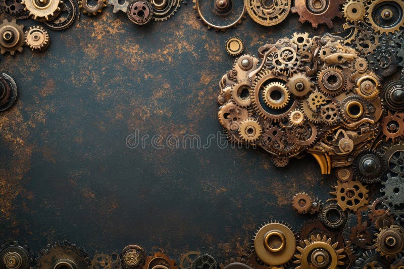 A Stylized Brain Made of Gears and Cogs is Displayed on a Textured Dark ...