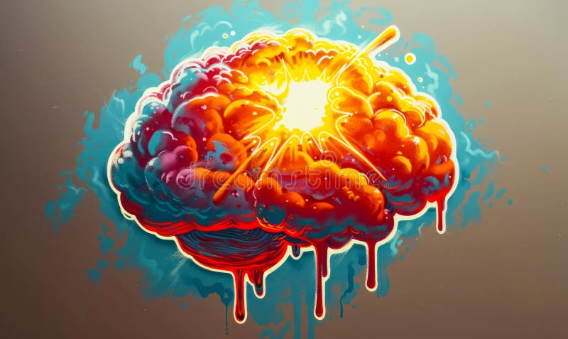 Stylized Brain Shaped Cloud with Sunburst and Dripping Paint ...