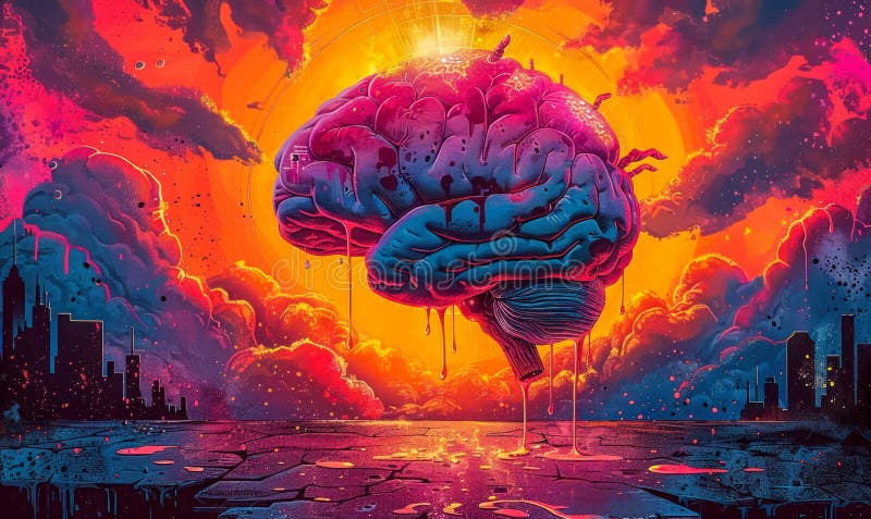 Stylized Brain Shaped Cloud with Sunburst and Dripping Paint ...