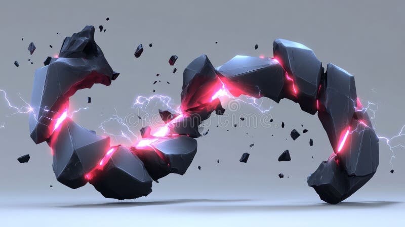 A Stylized, Broken Rock Formation with Glowing Cracks and Lightning ...