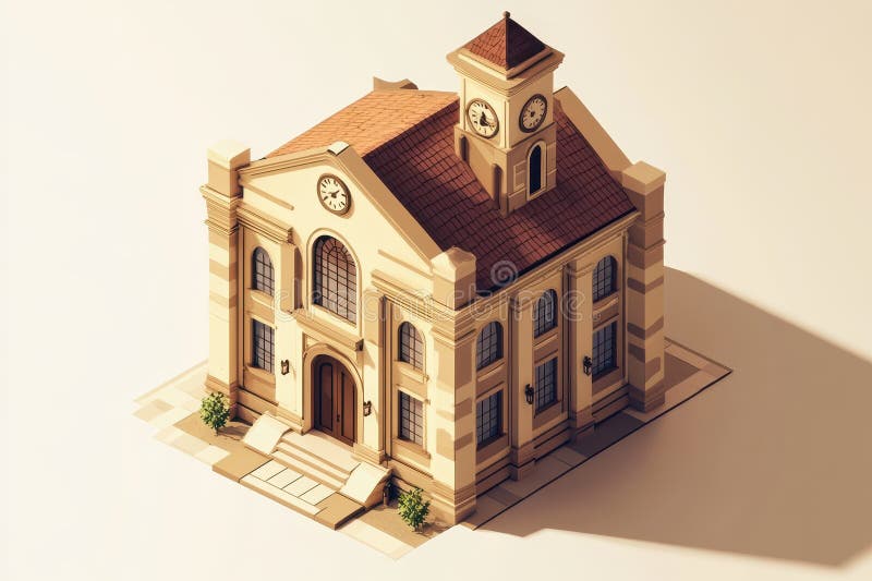 A Stylized Building with a Clock Tower, Featuring Large Windows and a ...