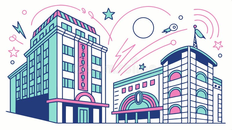 Stylized Building Facade with Stars and Circular Elements Vector Design ...