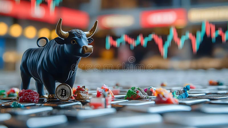 Stylized Bull Figurine with Cryptocurrency Coins Stock Illustration ...