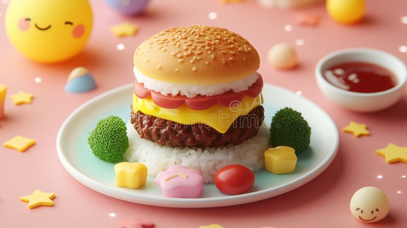 Stylized Burger with Rice and Cartoon Decorations on a Pink Surface ...