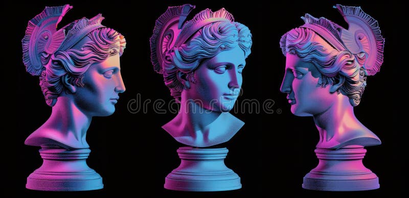 A Stylized Bust of a Classical Figure in Three Angles, Illuminated with ...