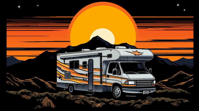 Stylized Camper Van Under a Vibrant Sun and Mountain Landscape Created ...