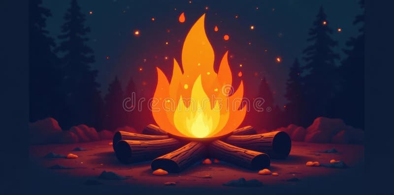 Stylized Campfire Illustration, Orange and Red Flames, Simple Lines ...
