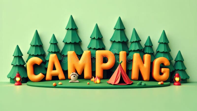 Stylized Camping Scene with Bold Lettering and Artistic Trees in the ...