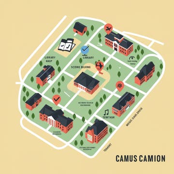 A Stylized Campus Map Features Multiple Red-brick Buildings Labeled ...