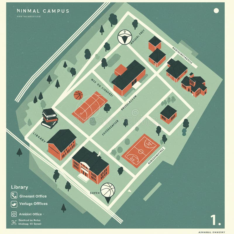 Stylized Campus Map Featuring Various Buildings and Facilities ...