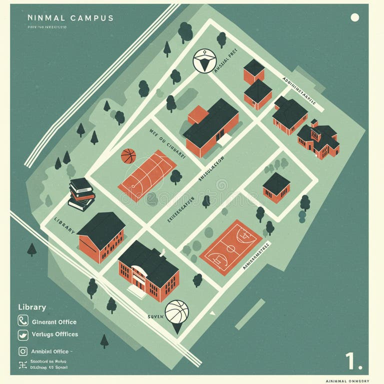 Stylized Campus Map Featuring Various Buildings and Facilities ...