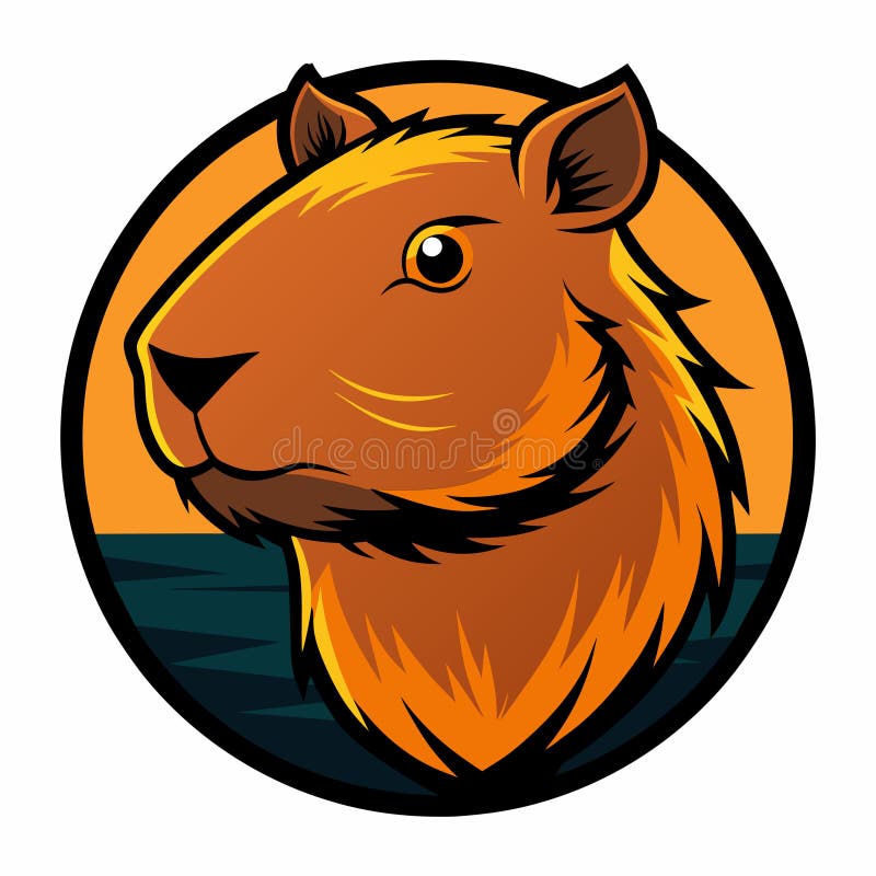 A Stylized Capybara Head Logo with a Sunset and Water Background ...