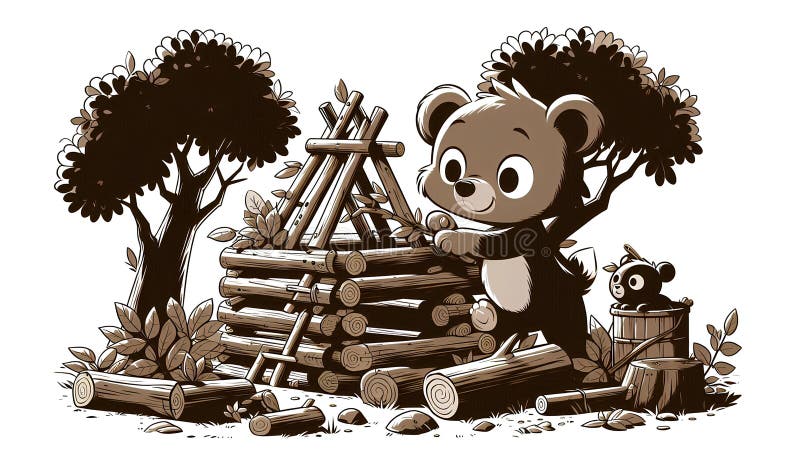 A Stylized Cartoon Depicts a Bear Cub Building a Log Structure in a ...
