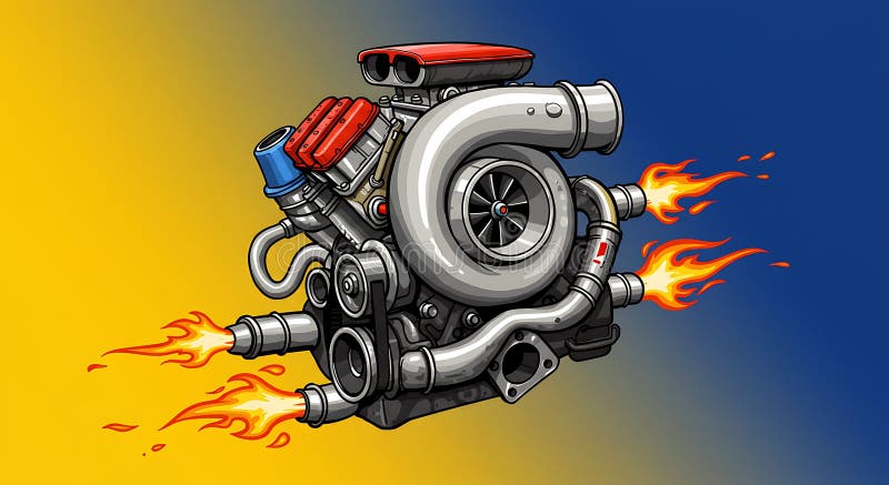 Stylized Cartoon Illustration of a High-performance Car Engine with ...