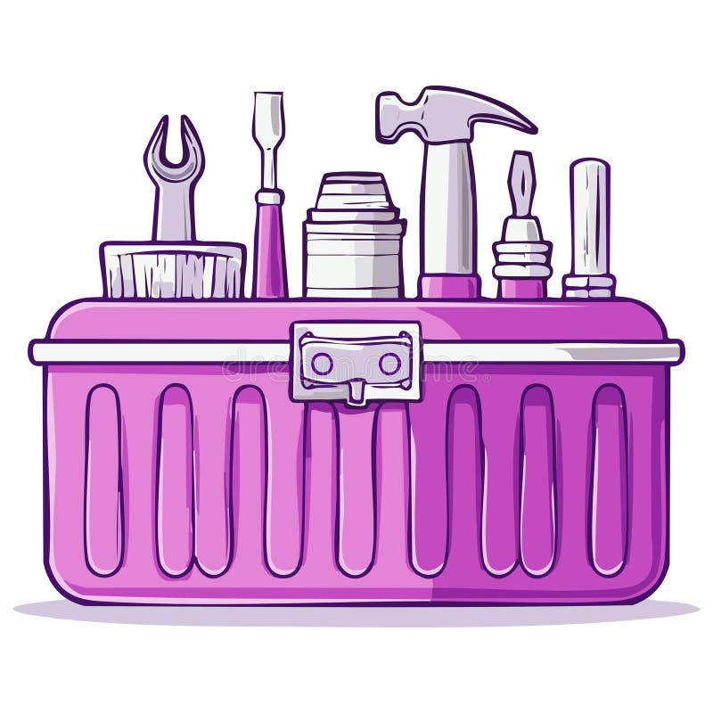 Stylized Cartoon Illustration of a Pink Toolbox with a Set of Home ...