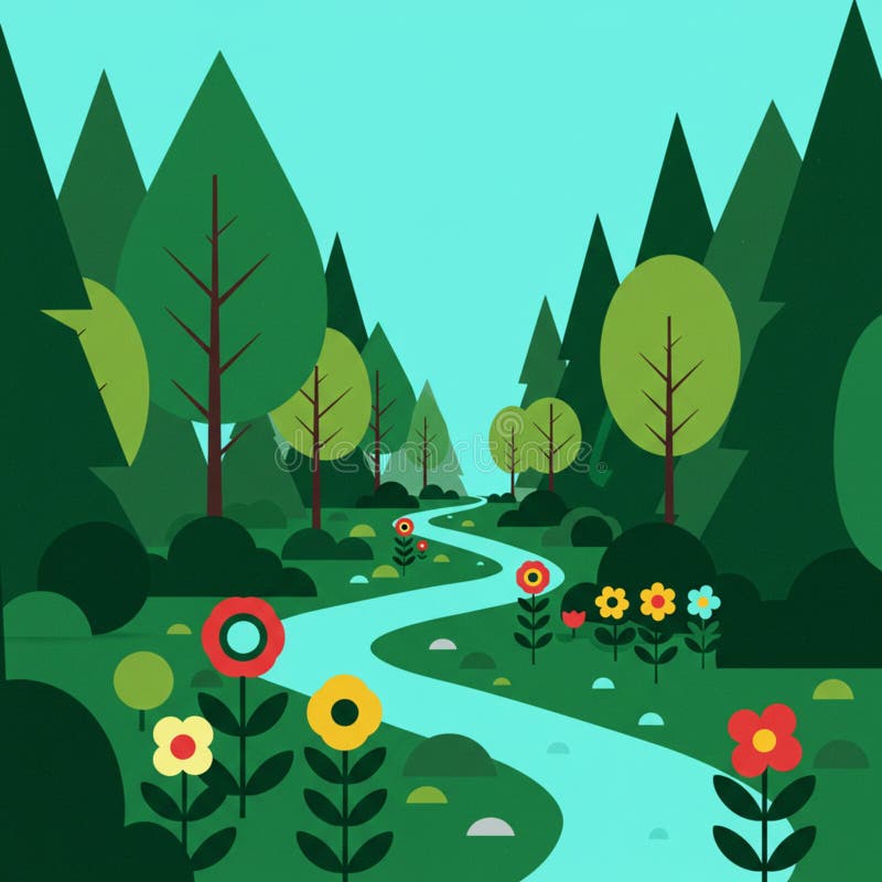 A Stylized, Cartoon-like Forest Scene Featuring Simple Shapes and Bold ...