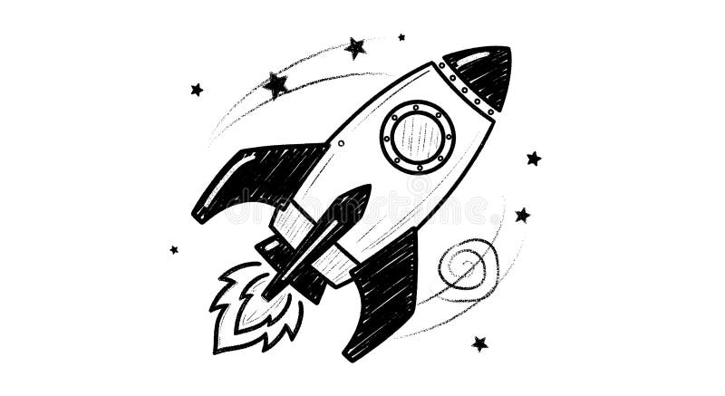Stylized Cartoon Rocket Ship Illustration in Black and White. the ...