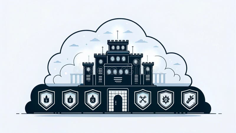 Stylized Castle Illustration with Shields and Clouds, Representing ...